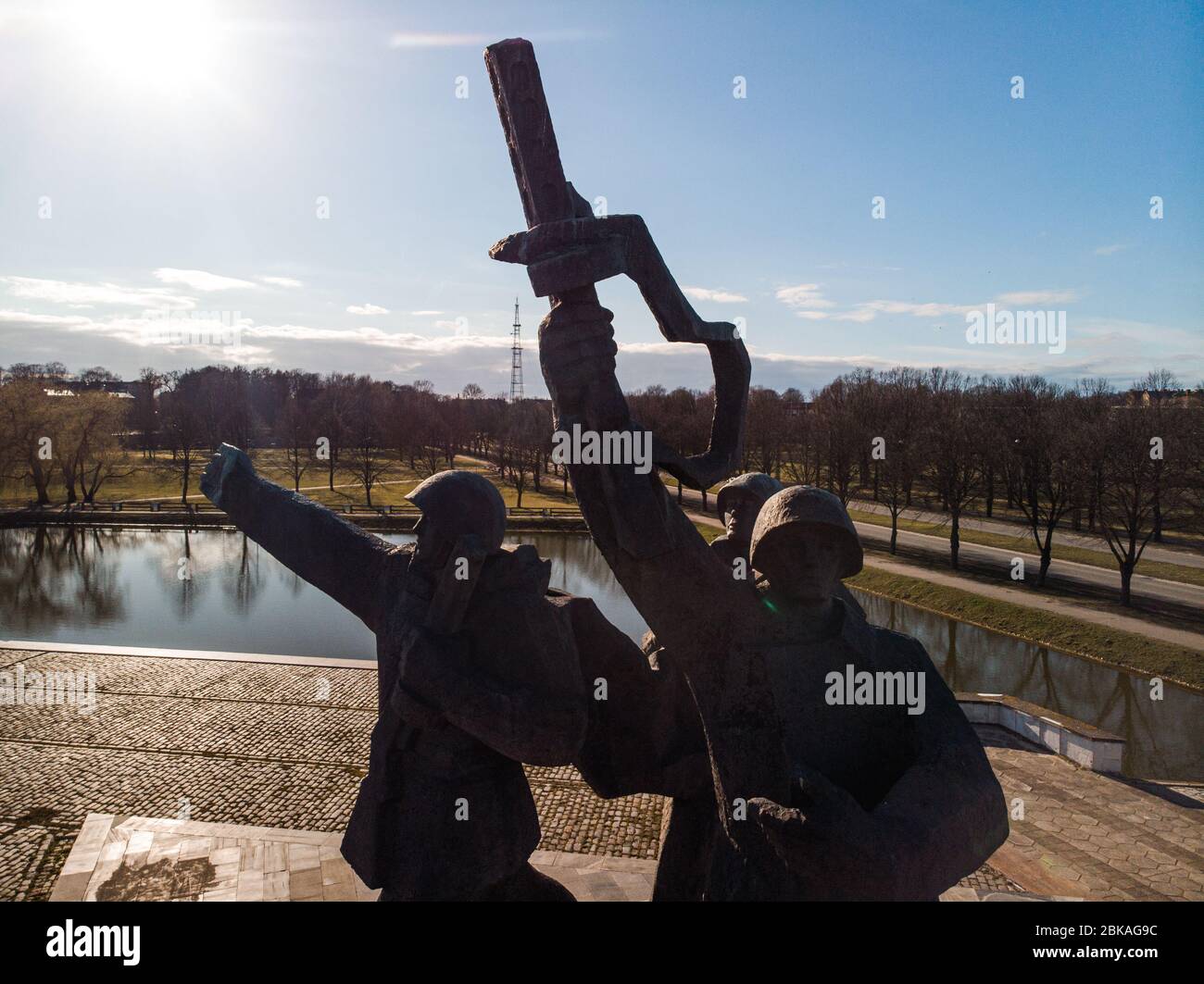 Aerial view near Victory monument on sunny day in Riga. Soviet ...