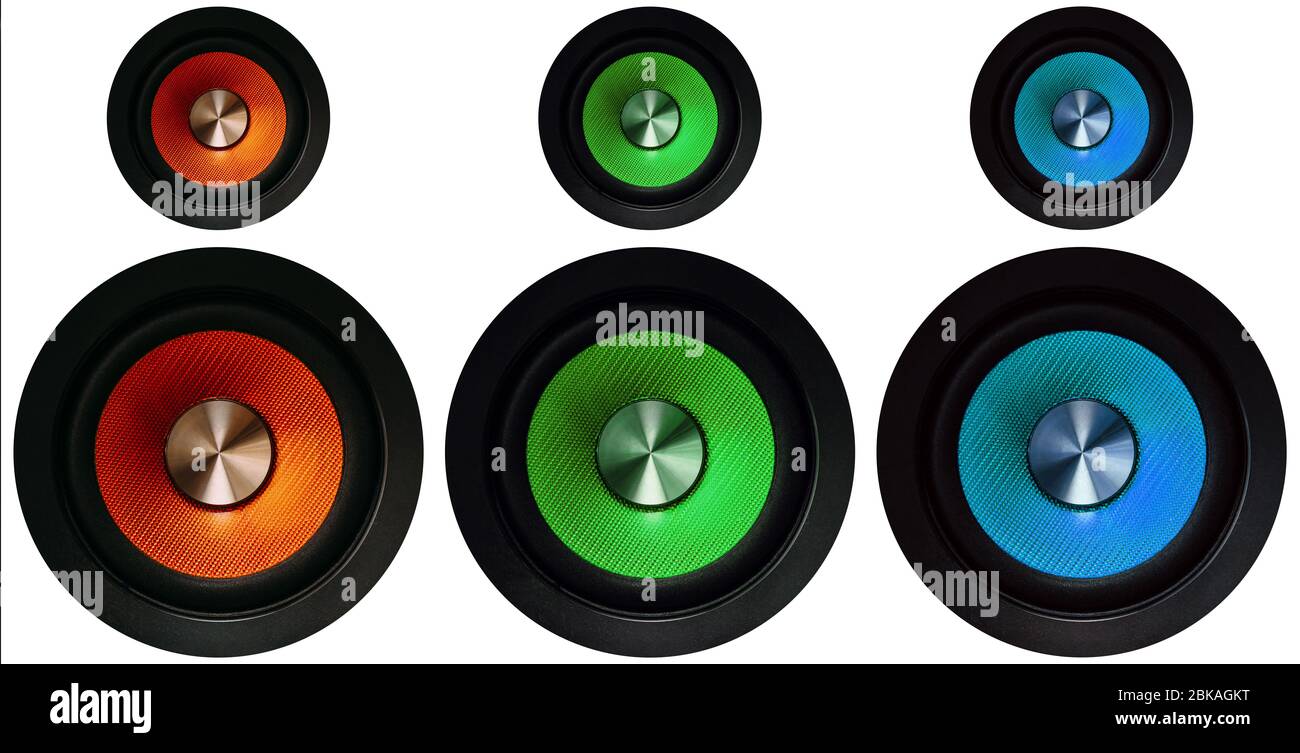 red, green and blue Speakers on a white background Stock Photo - Alamy