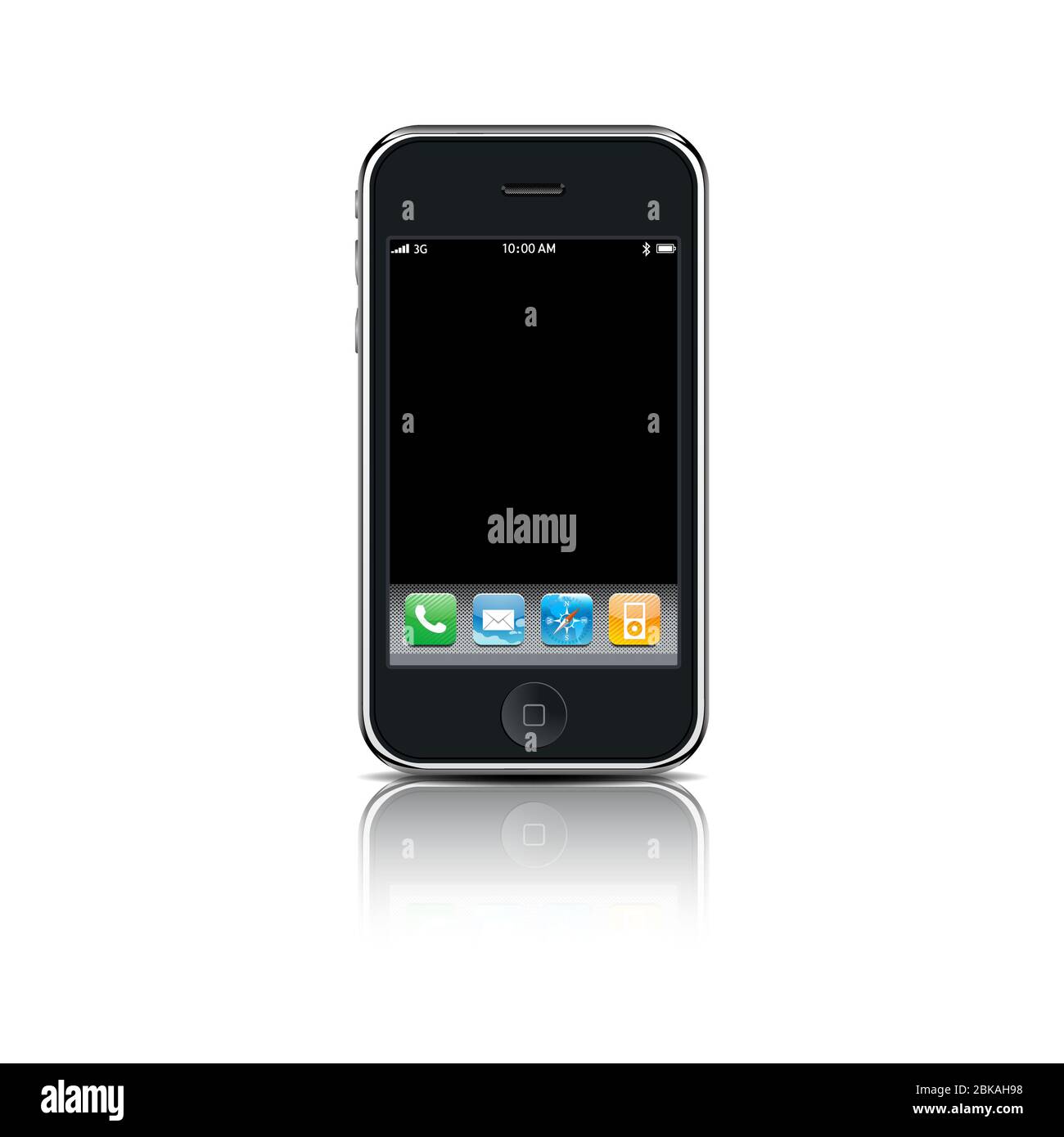 A black iPhone phone with a button and apps with shadow and reflection ...