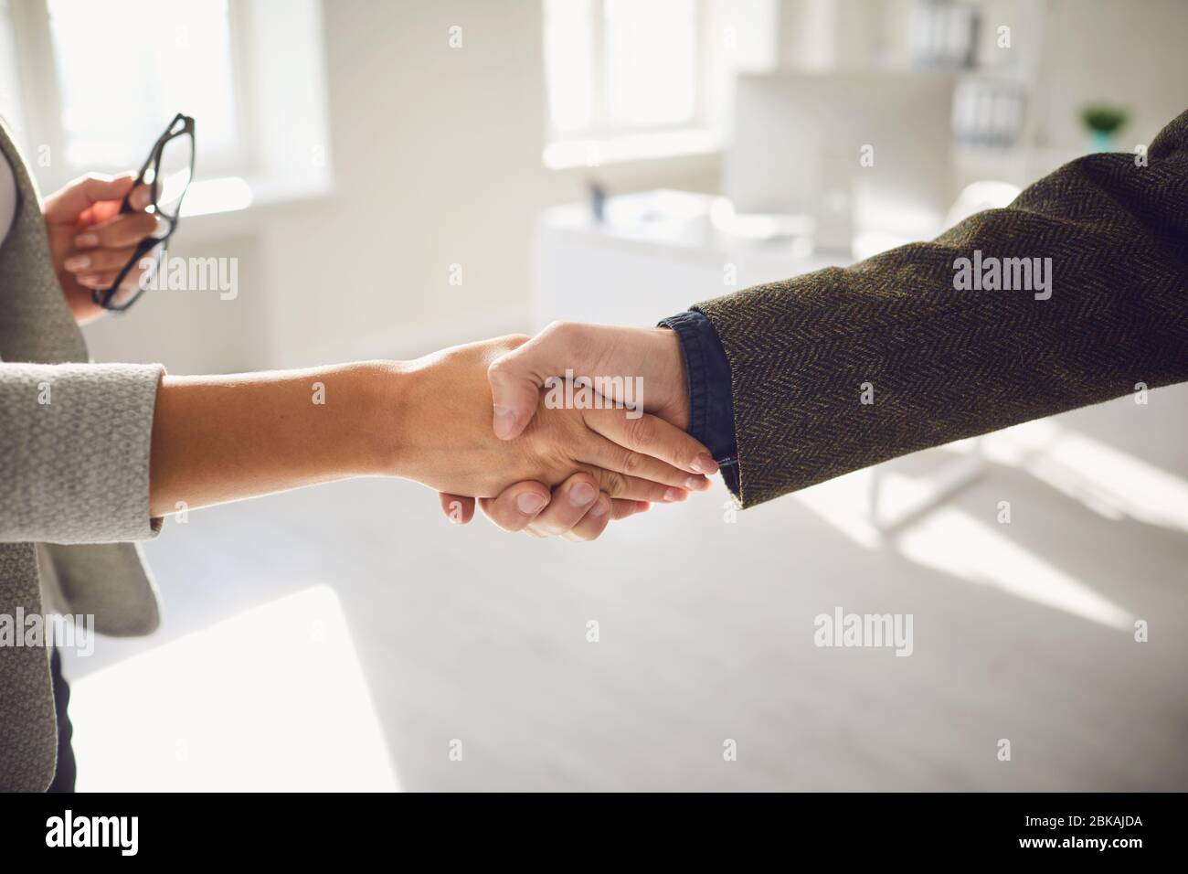 Handshake of businesspeople. Female and male hand makes a handshake in ...