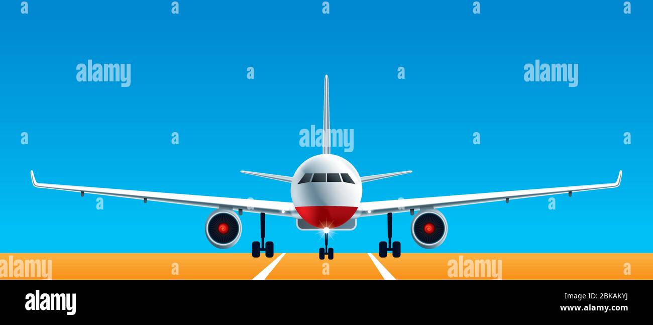 Vector illustration. Realistic front view of landing airplane on ...
