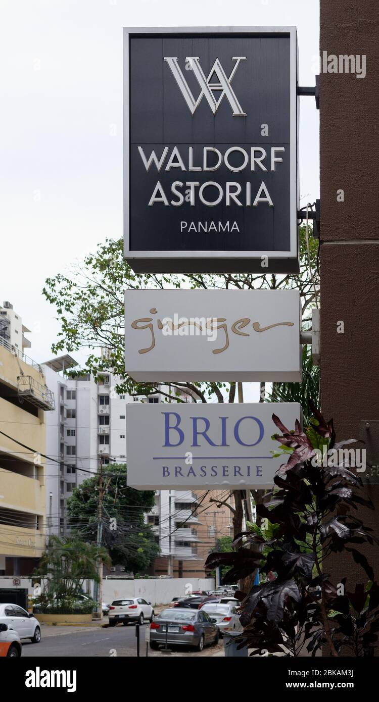 Sign for the Waldorf Astoria hotel and Brio Brasseries, Panama City ...