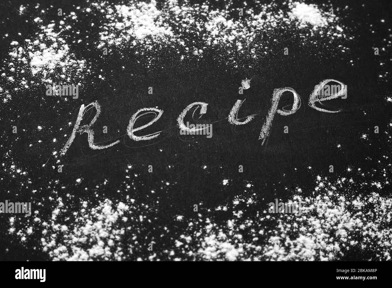 Headline recipe sprinkle flour on a black table. Banner recipe ...