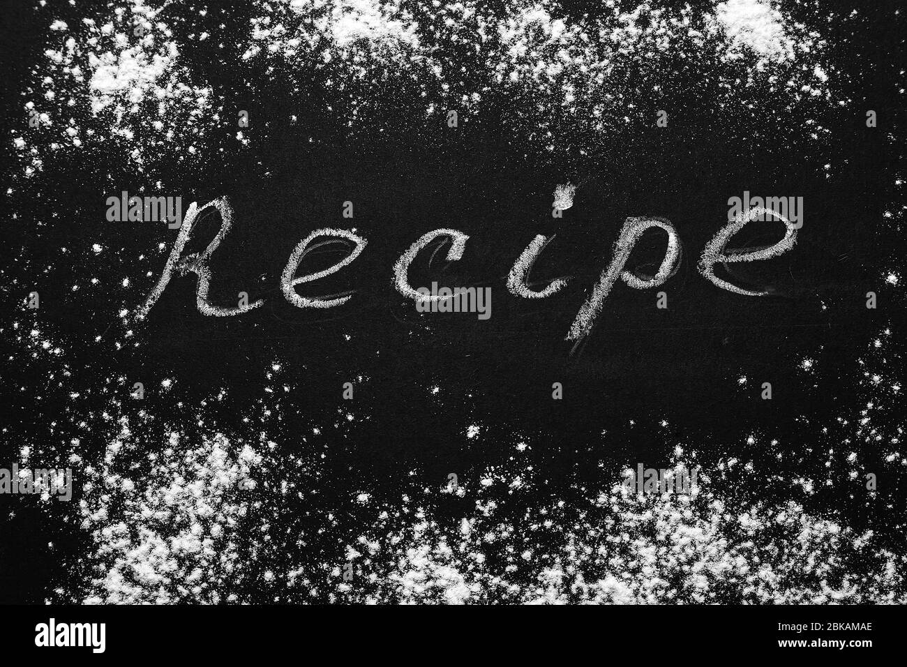 Headline recipe sprinkle flour on a black table. Banner recipe ...