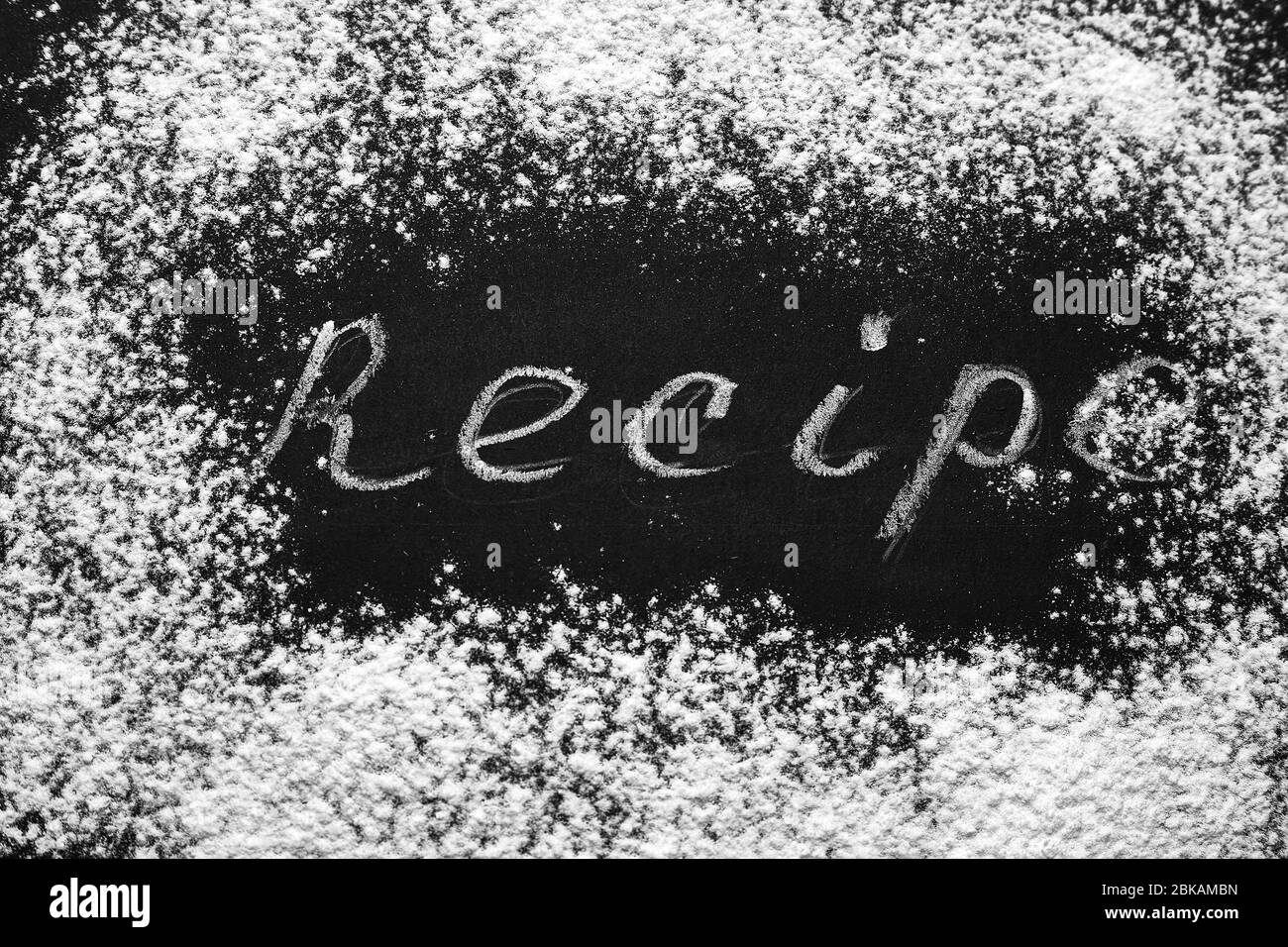 Headline recipe sprinkle flour on a black table. Banner recipe ...