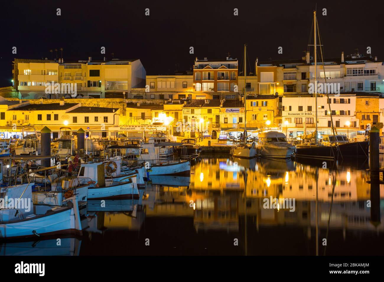 Night view of the harbour at Ciutadella de Menorca, Menorca, Spain ...