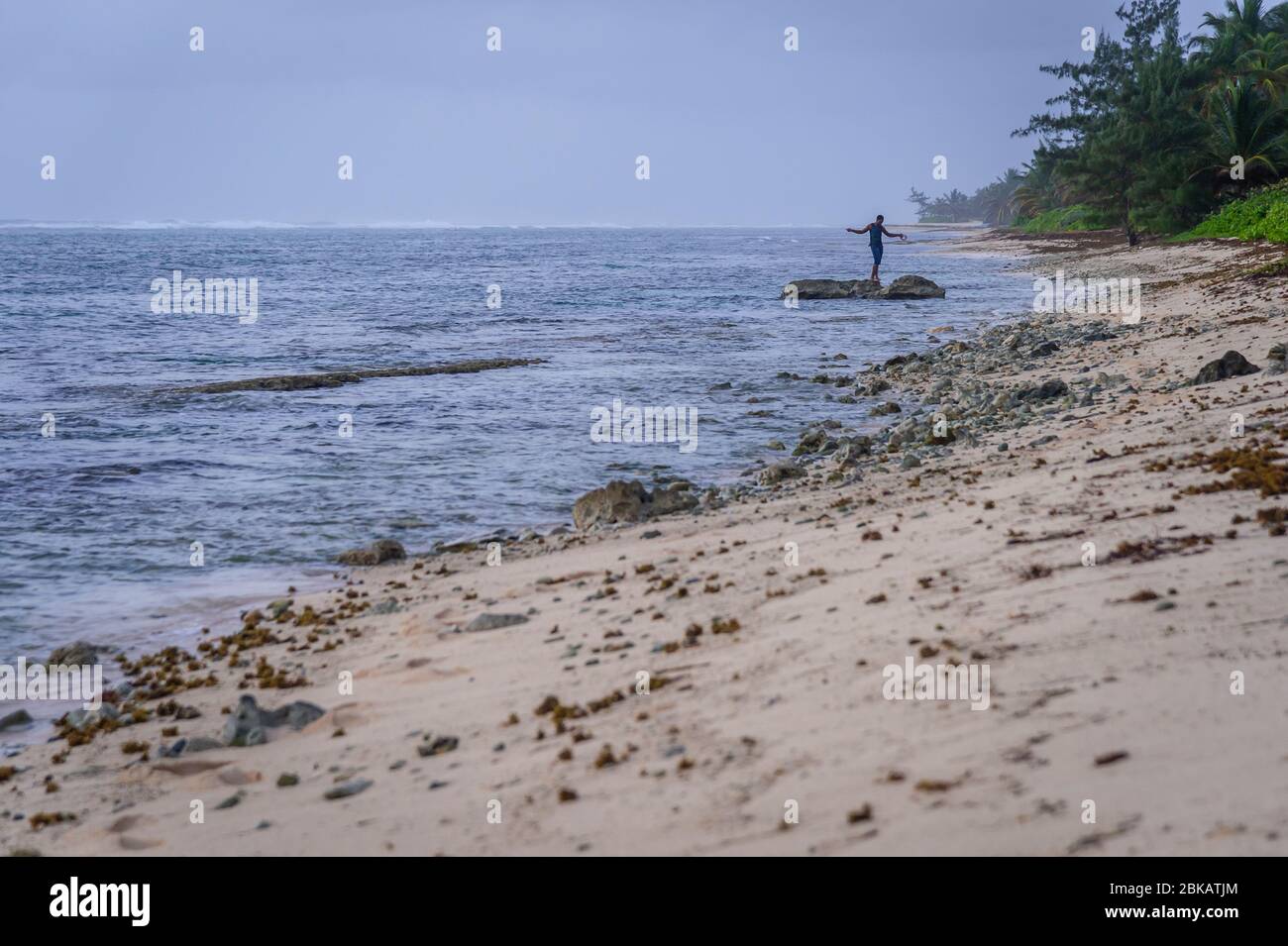 Local native resident standing on rock fishing, Grand Cayman Island ...