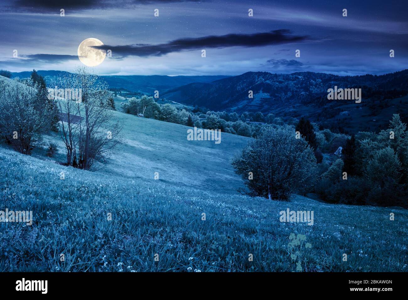 beautiful rural landscape in mountains at night. countryside scenery on ...