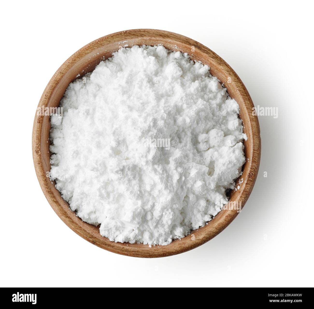 wooden bowl of powdered sugar isolated on white background, top view ...