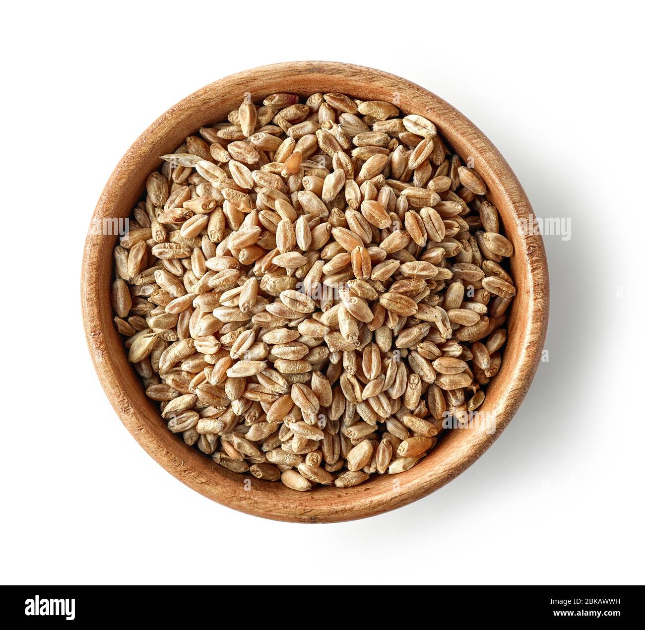 wooden bowl of wheat grains isolated on white background, top view ...
