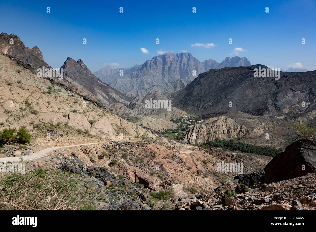 Panoramic view into Wadi Bani Awf from road crossing the Hajar mountain ...