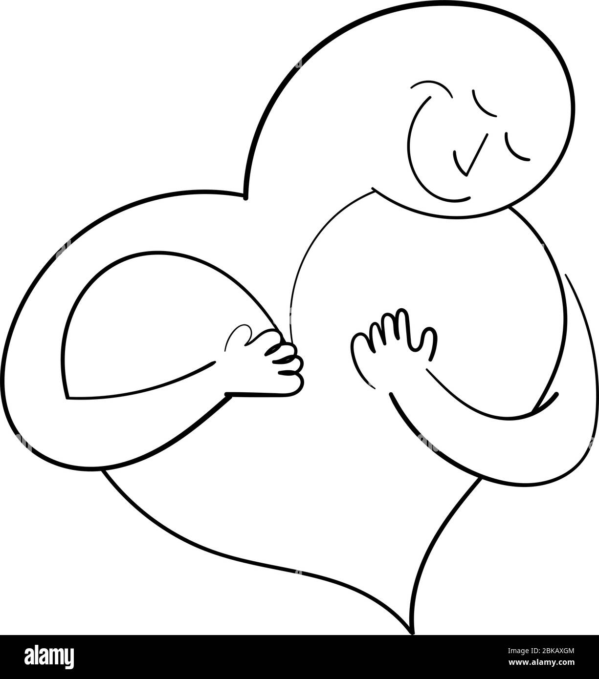 Young man in love, hugging a big heart. Doodle vector illustration ...