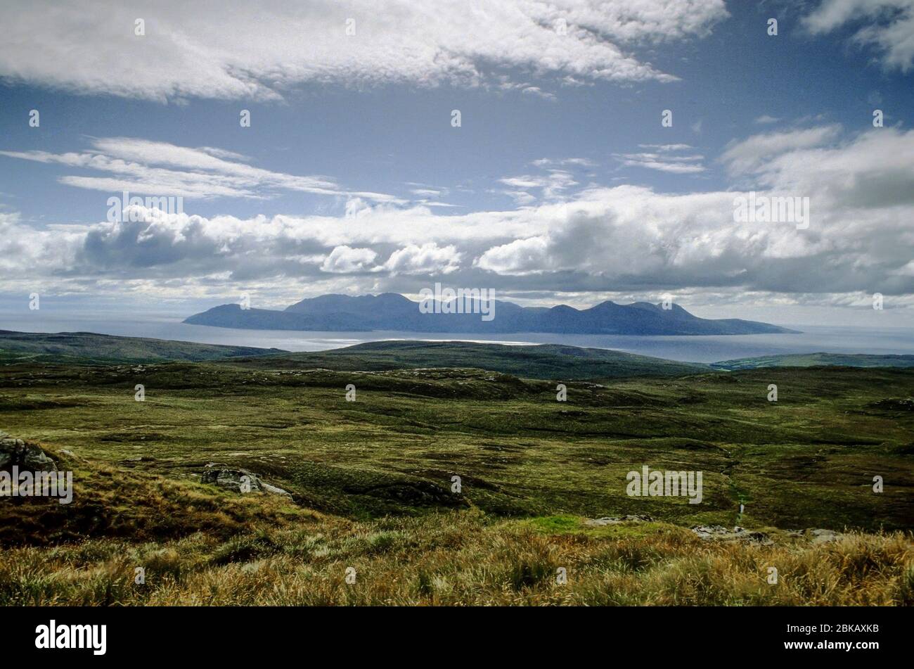 View of Arran island from high moorland showing western side of island ...