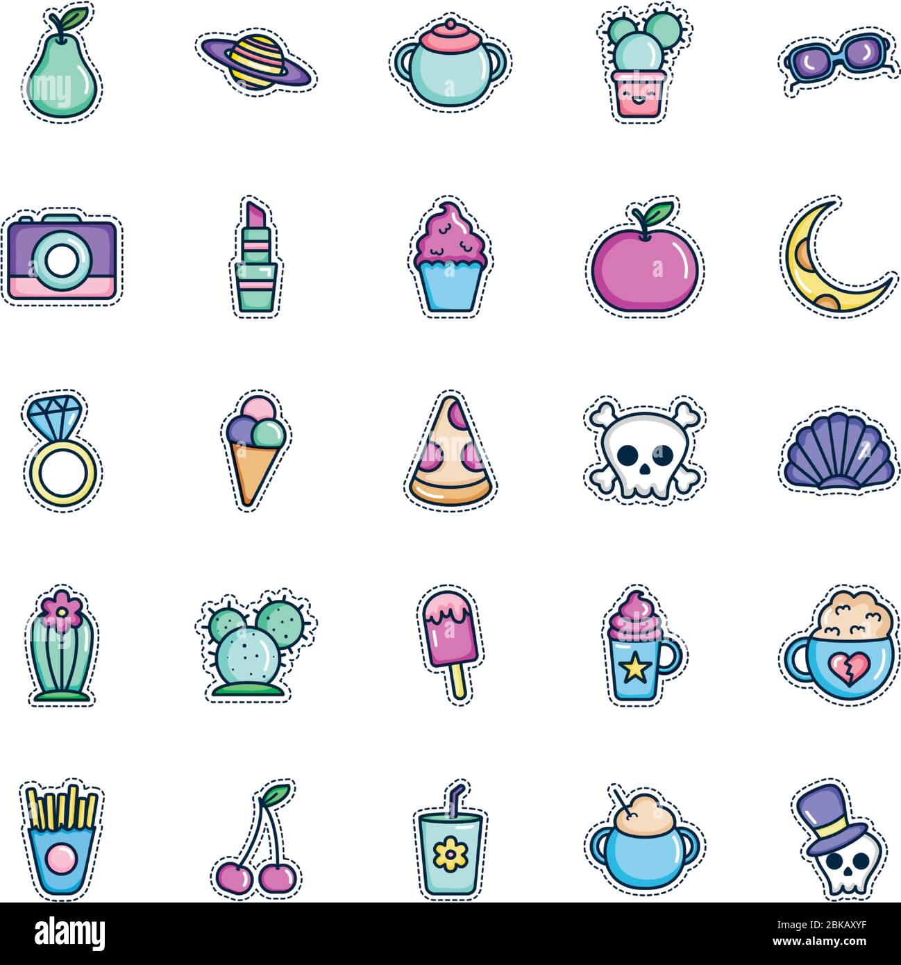 skull and patches icon set over white background, line color style ...