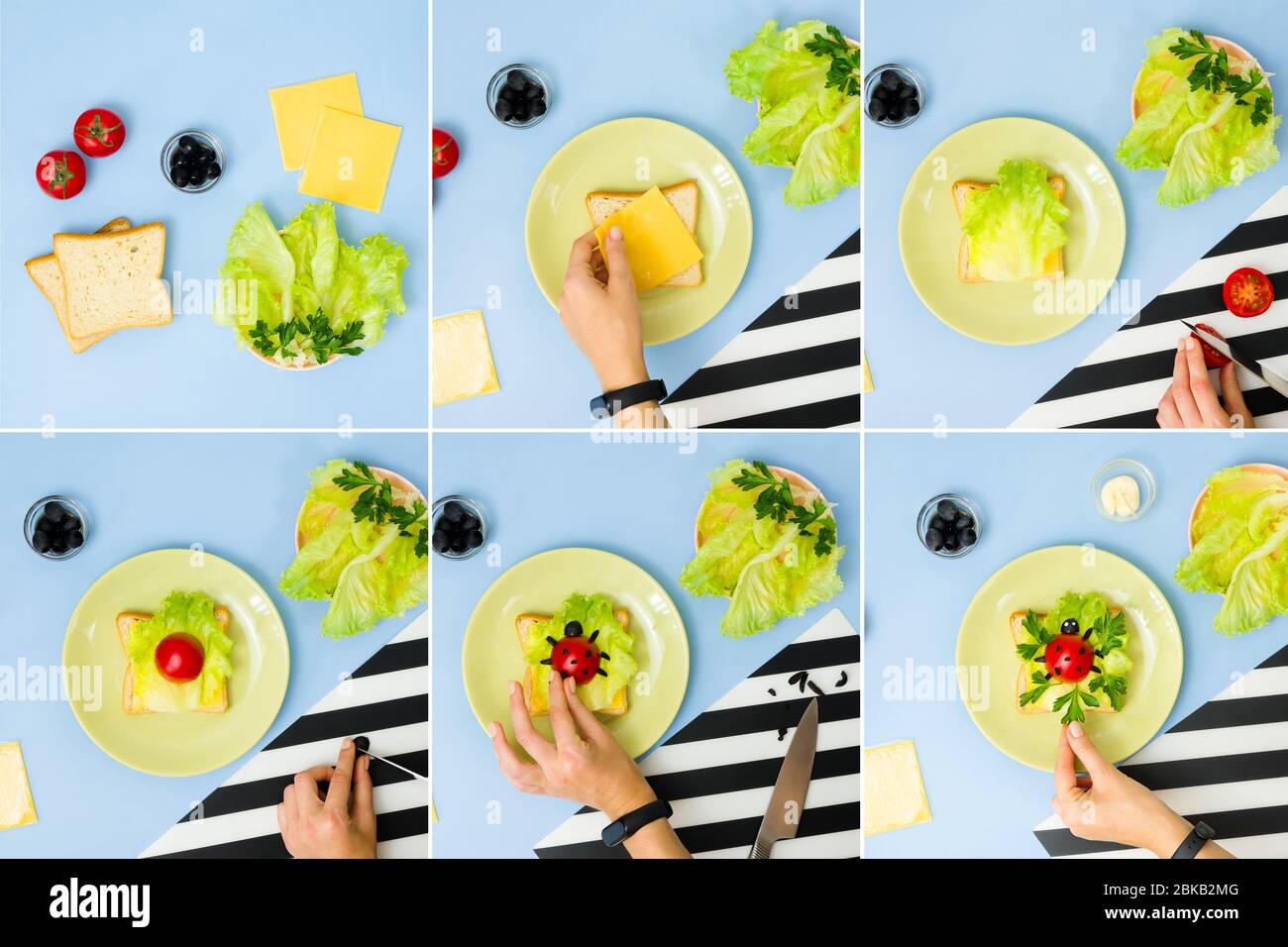 Fun food art for kids. Ladybug sandwich on blue background. How to make ...