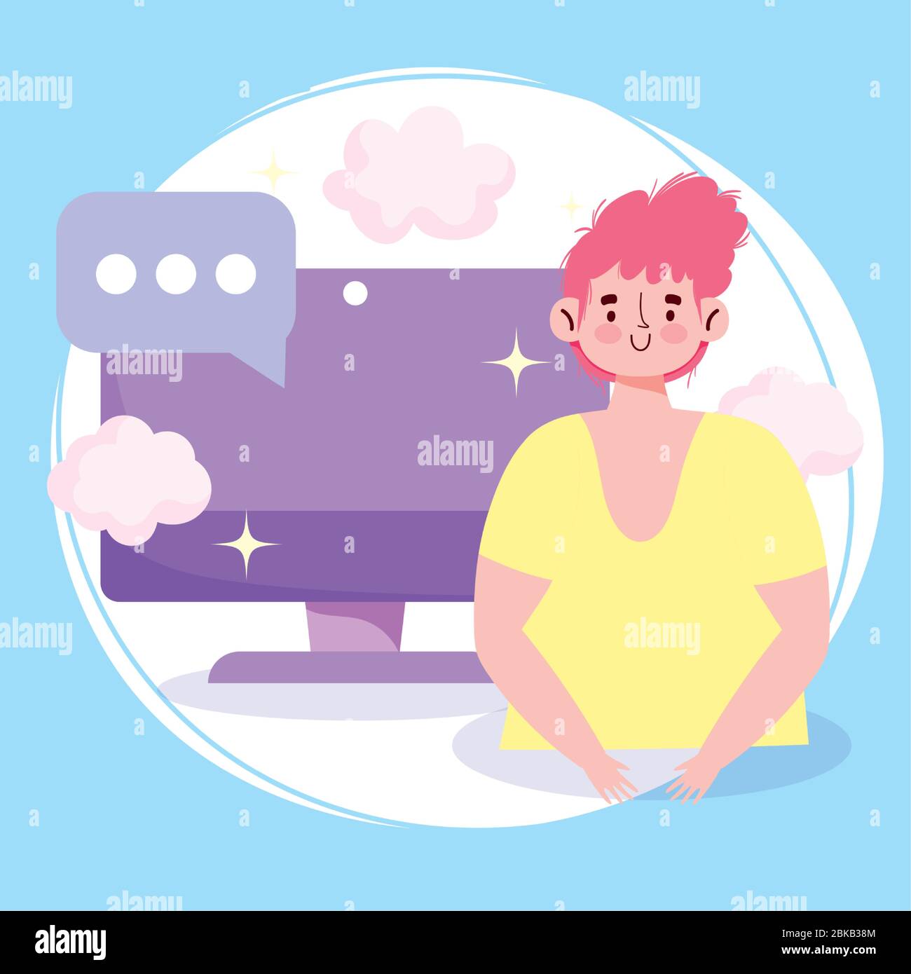 people communication and technology, boy with computer chatting ...