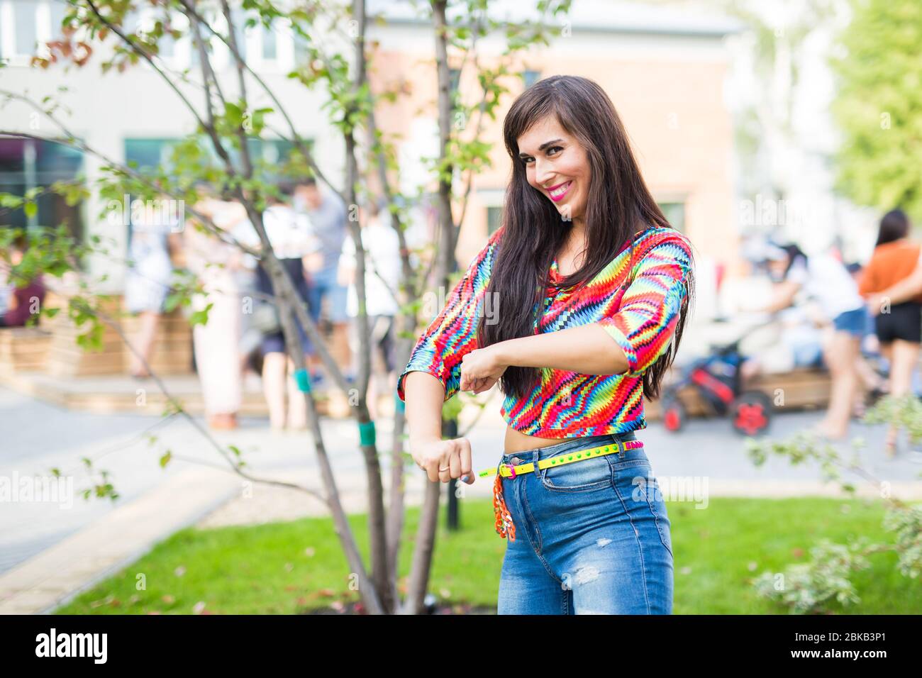 Street shaabi dance and urban dancer concept - Cheerful belly dancer ...