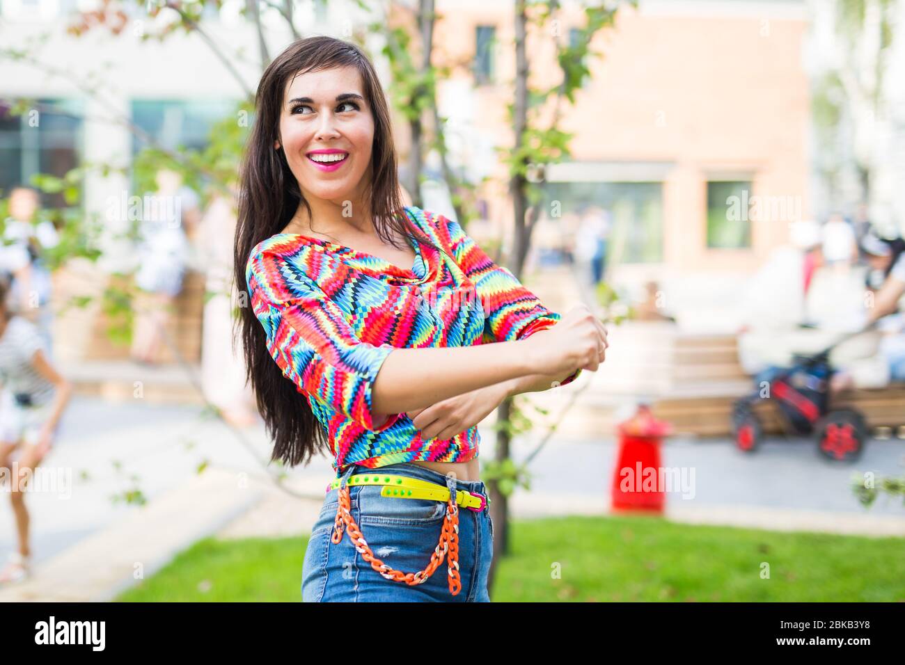 Street shaabi dance and urban dancer concept - Cheerful belly dancer ...