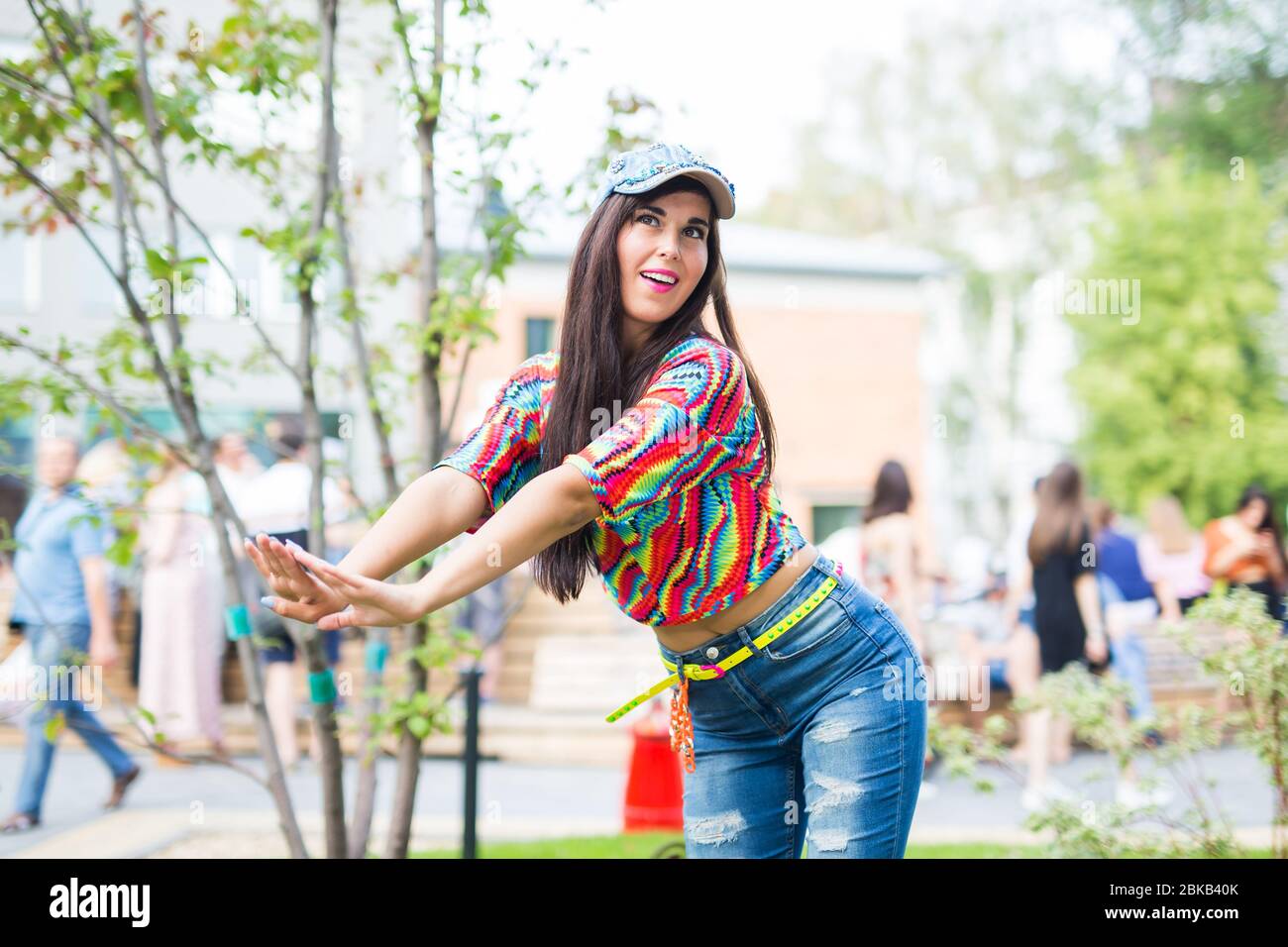 Street shaabi dance and urban dancer concept - Cheerful belly dancer ...