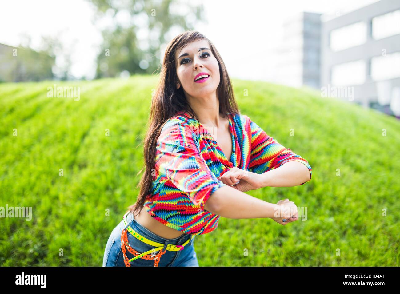 Street shaabi dance and urban dancer concept - Cheerful belly dancer ...