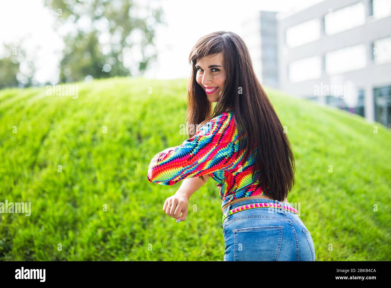 Street shaabi dance and urban dancer concept - Cheerful belly dancer ...