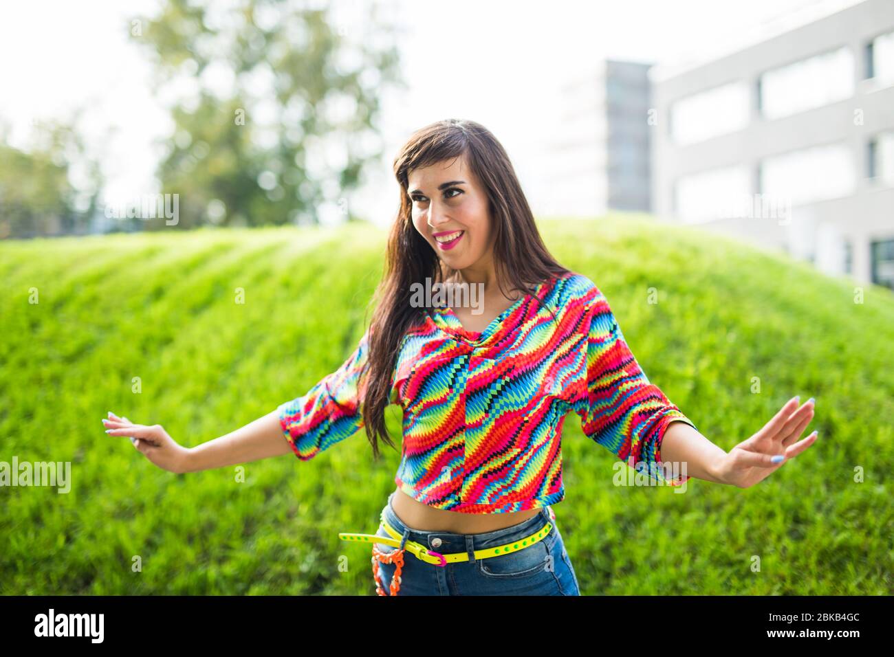 Street shaabi dance and urban dancer concept - Cheerful belly dancer ...