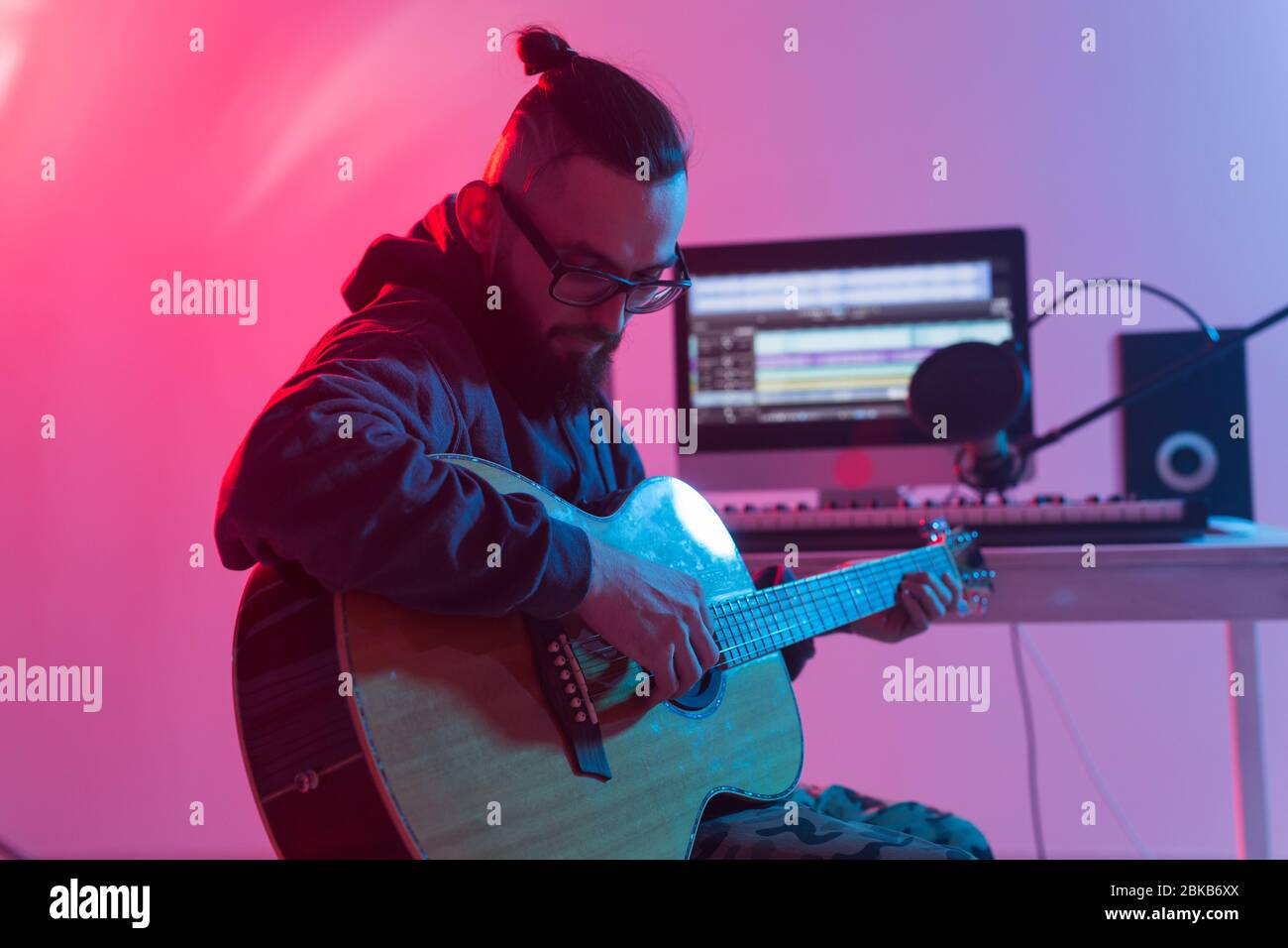 Musician and making music concept - Male sound producer working in ...