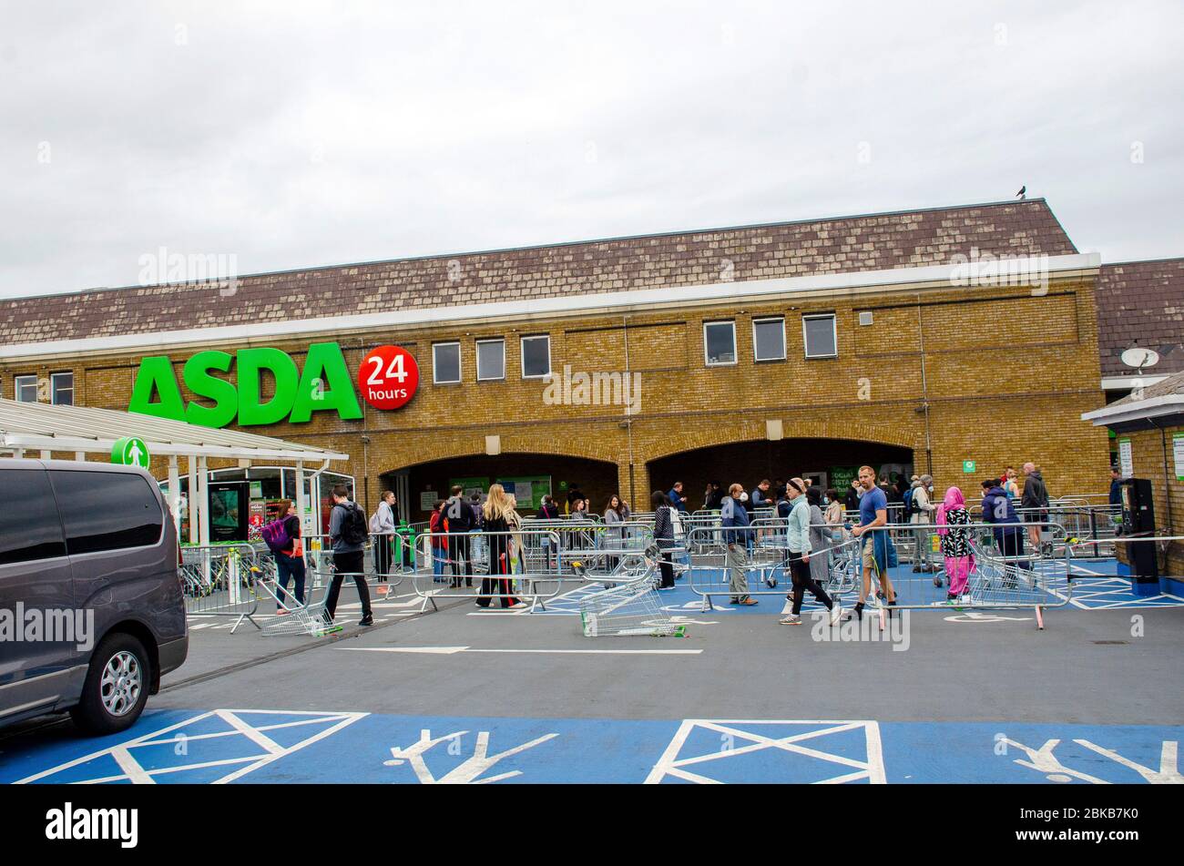 London, UK. 3rd May, 2020. Asda trolley chicane for queue. Sunday ...