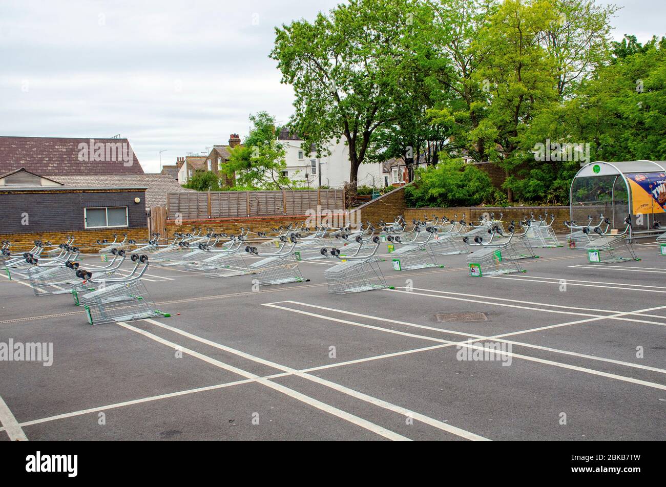 London, UK. 3rd May, 2020. Trolley chicane in overflow car park at Asda ...
