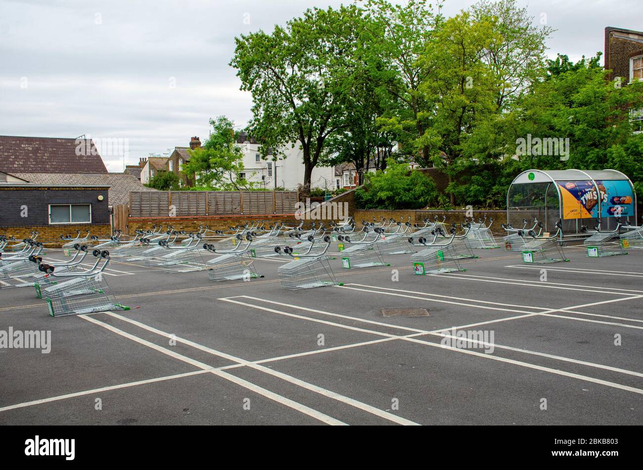 London, UK. 3rd May, 2020. Trolley chicane in overflow car park at Asda ...