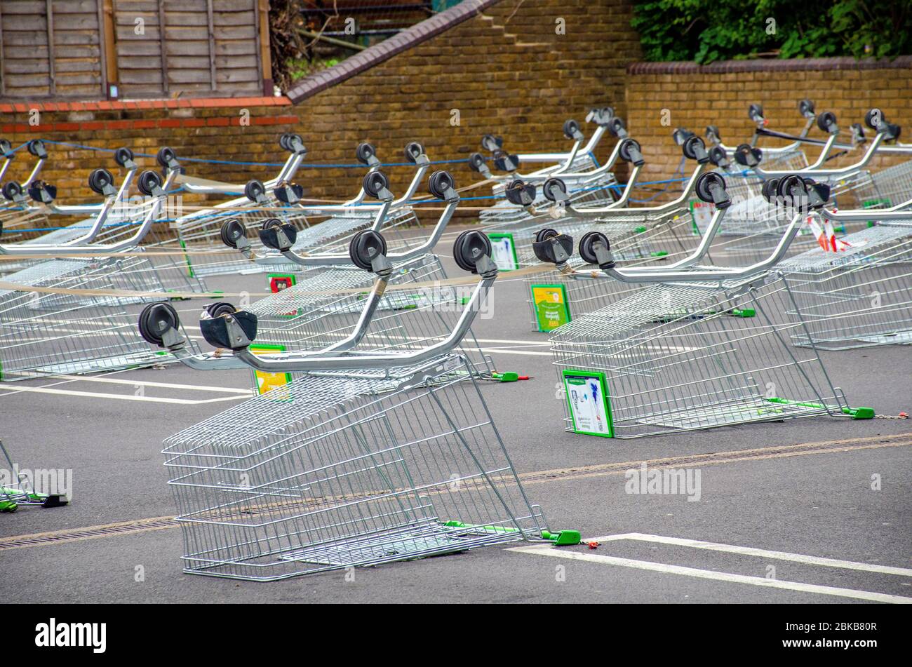 London, UK. 3rd May, 2020. Trolley chicane in overflow car park at Asda ...