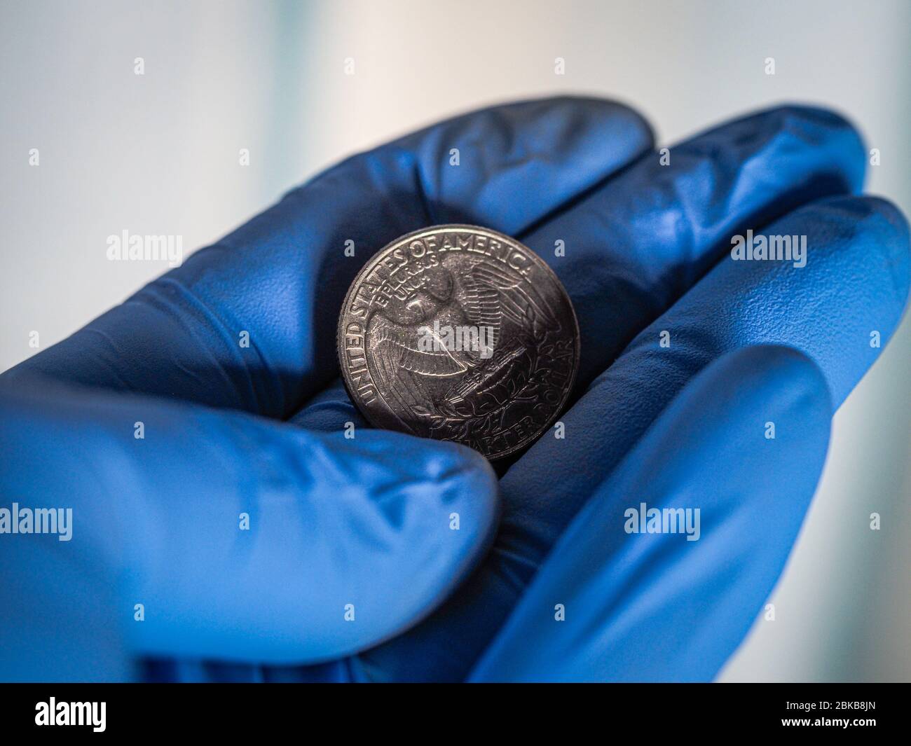 A hand wearing blue protection gloves holding a quarter dollar coin ...