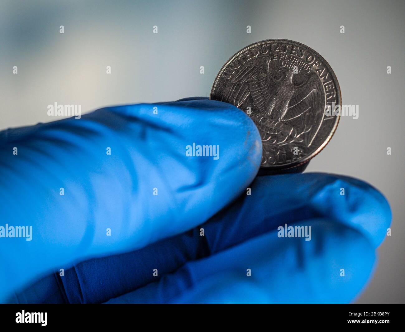 A hand wearing blue protection gloves holding a quarter dollar coin ...