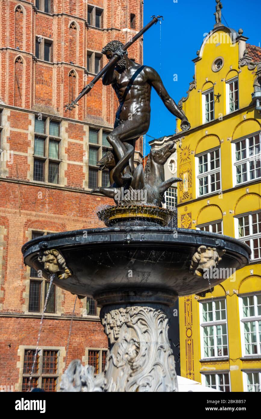 Gdansk, Poland, old town, statue of Neptune fountain, symbol of city ...
