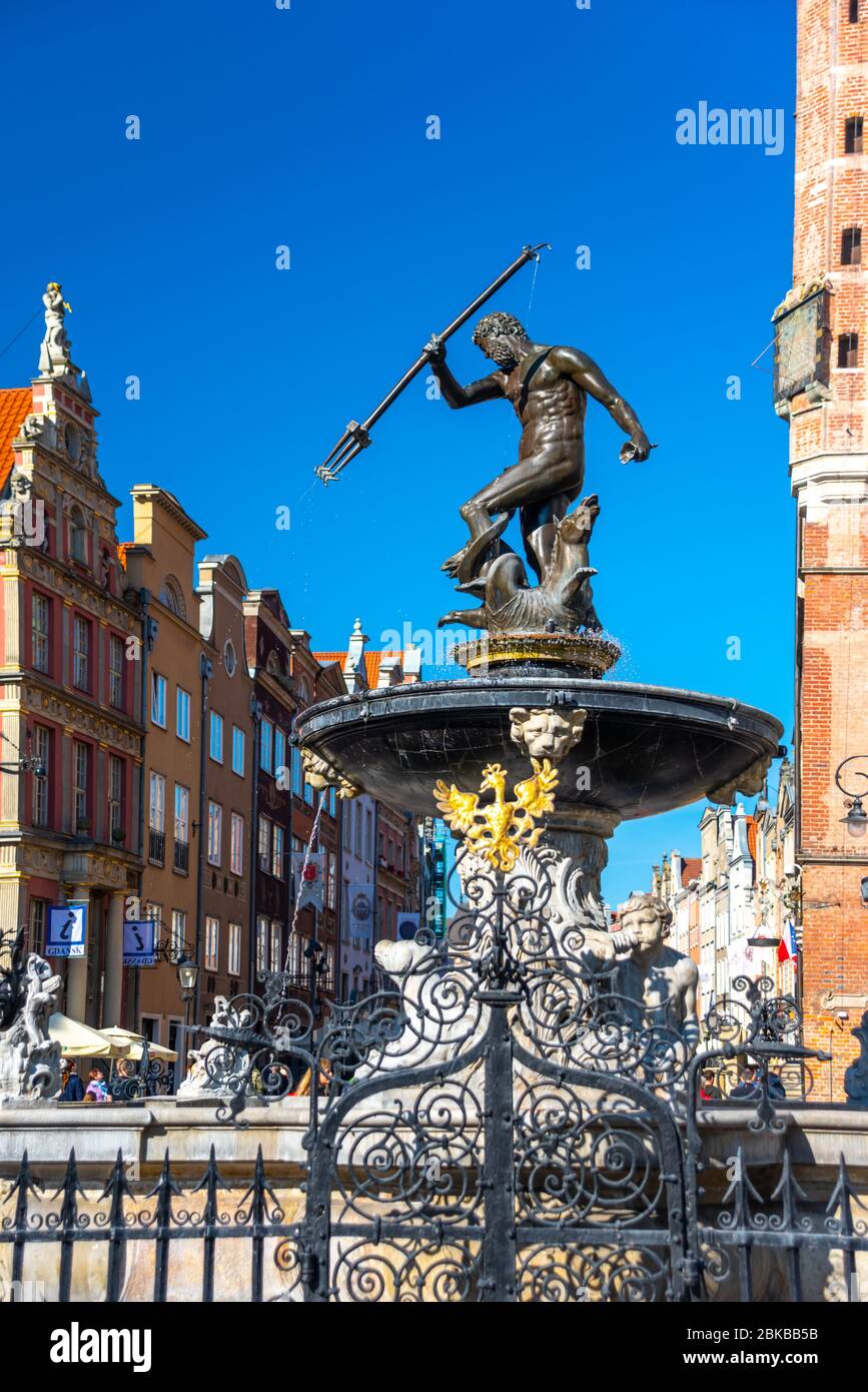 Gdansk, Poland, old town, statue of Neptune fountain, symbol of city ...