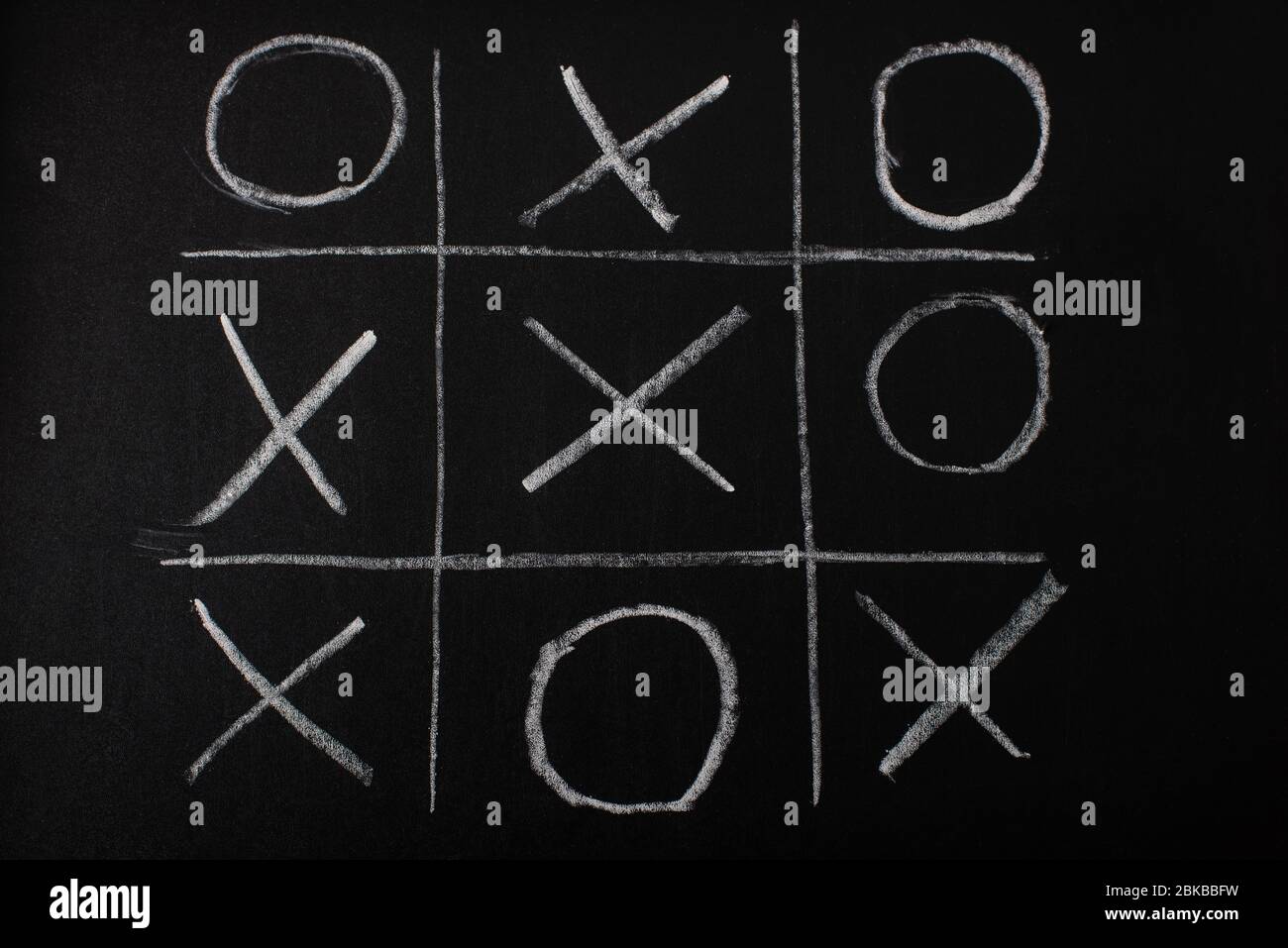 top view of tic tac toe game on blackboard with chalk grid, naughts and ...