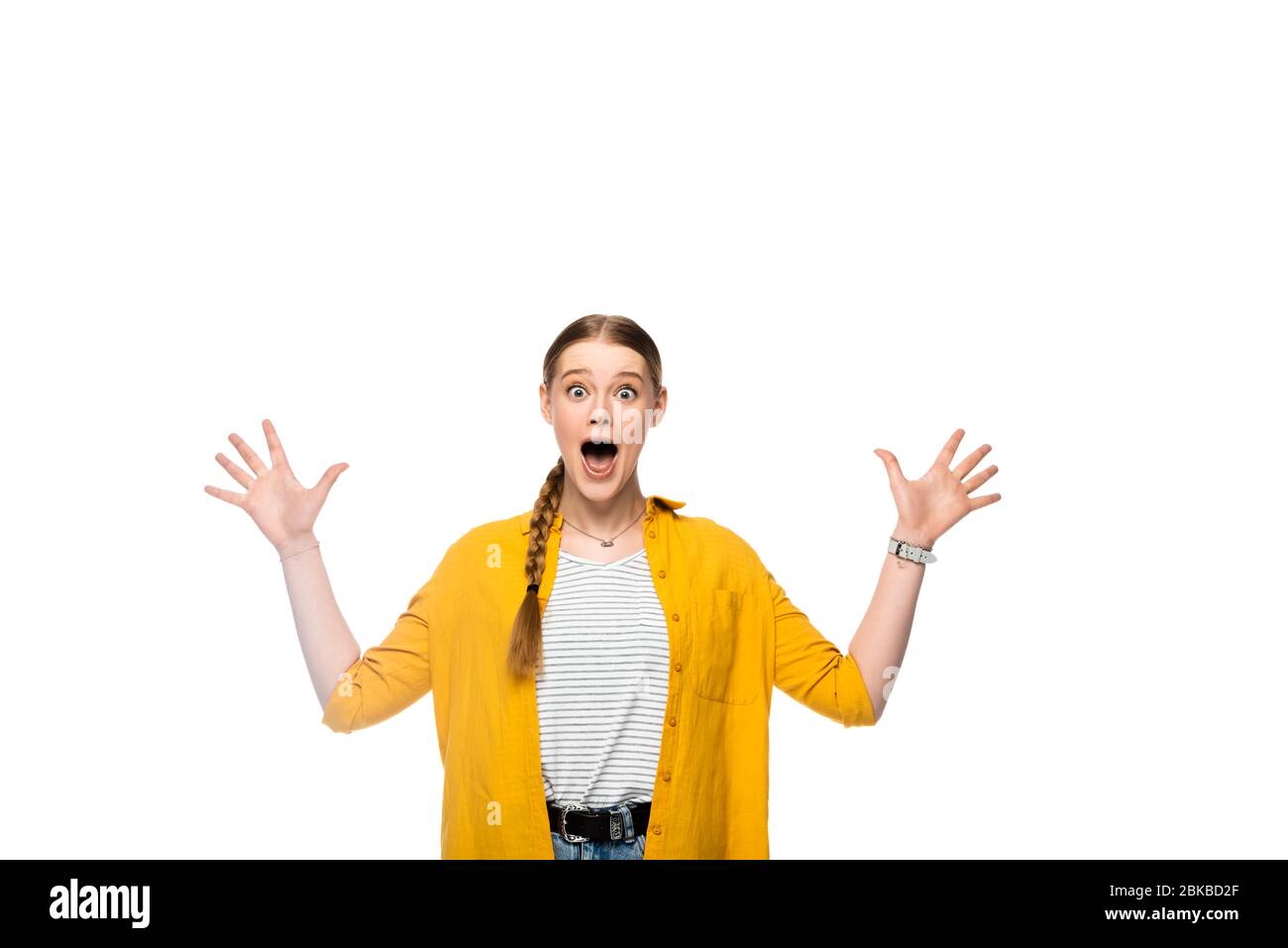 scared pretty girl with braid screaming isolated on white Stock Photo ...