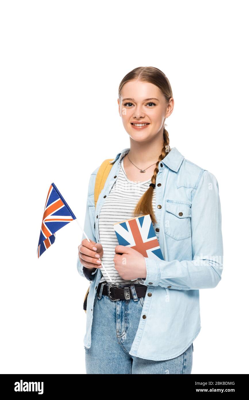 smiling pretty student with backpack holding book and British flag ...