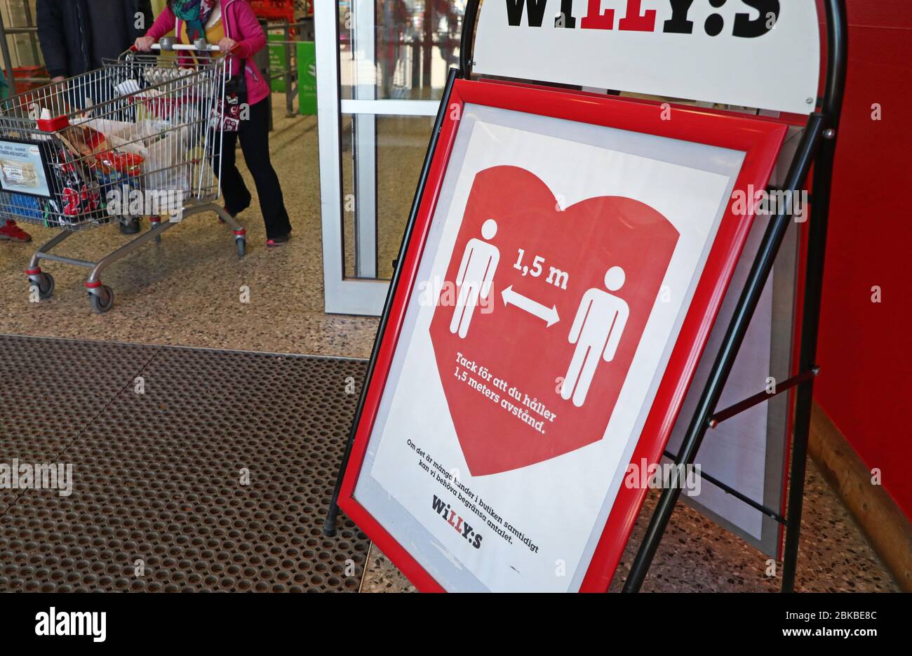 Motala, Sweden 20200406 Signs in the Willys grocery store that ...
