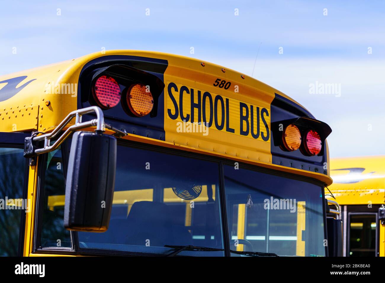 Mohnton, PA / USA - May 2, 2020: A close up view of a school bus sign ...