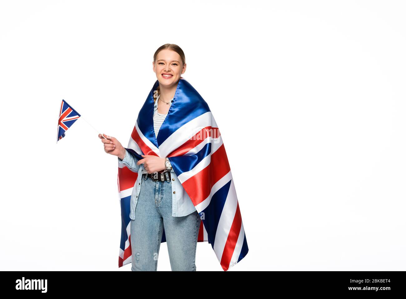 happy pretty girl with braid and uk flags isolated on white Stock Photo ...