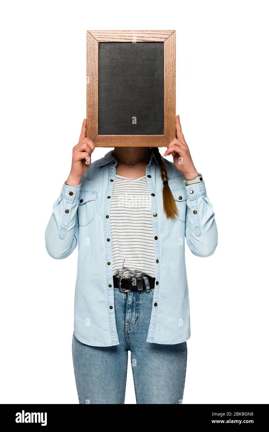 girl with obscure face holding empty chalkboard isolated on white Stock ...