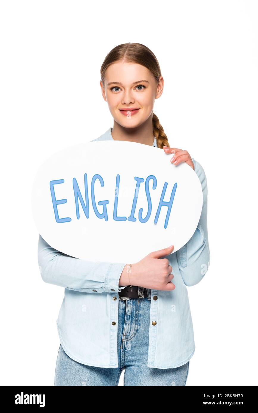 smiling girl with braid holding speech bubble with English lettering ...