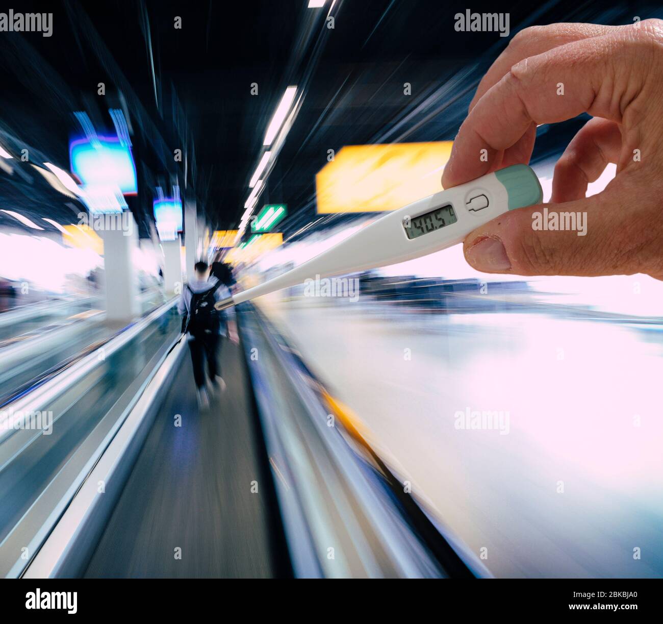 Hand holding thermometer with high temperature with zoom blur effect in ...