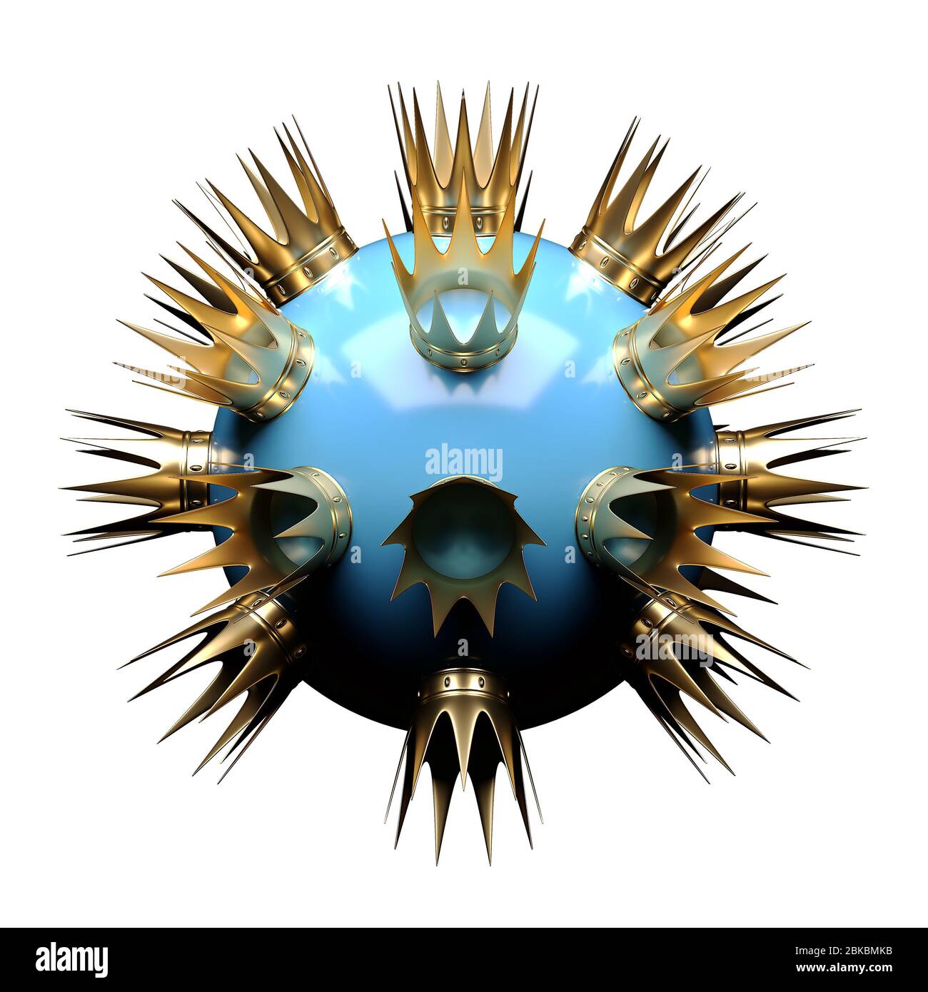 Gold crowns are scattered on a blue round ball on a white background ...