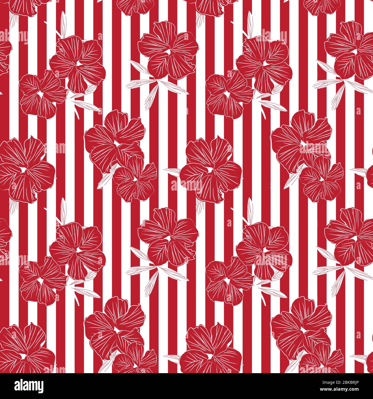 Red tropical floral botanical seamless pattern with striped background ...