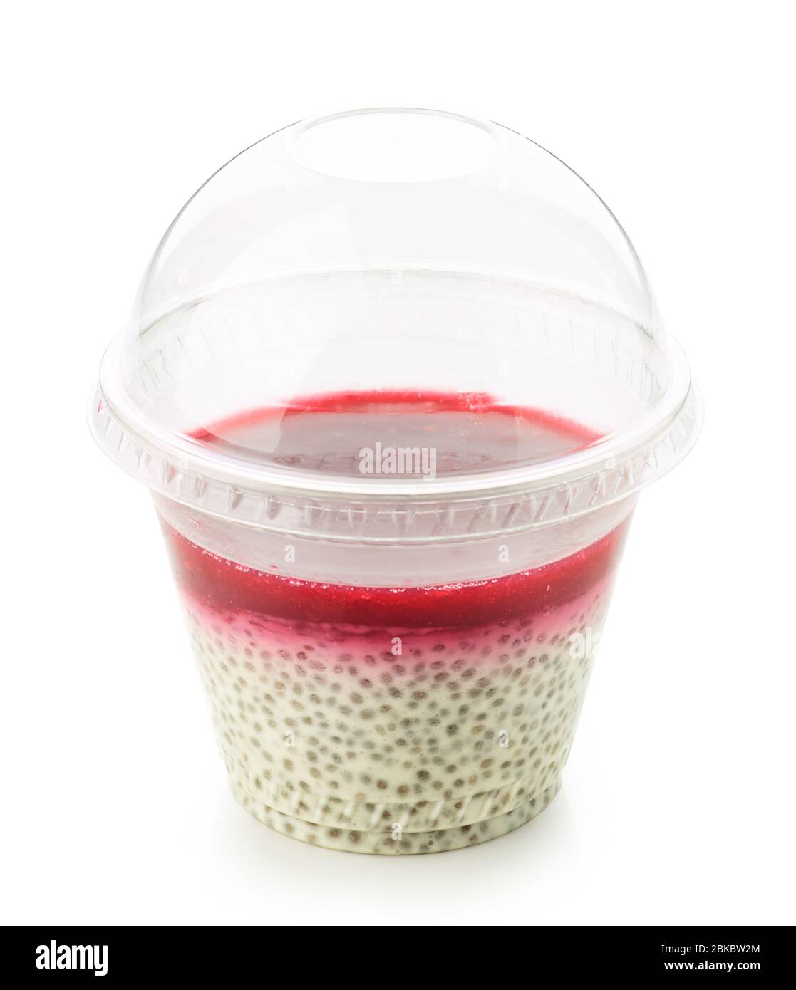 Chia seeds and raspberry pudding in plastic take away cup isolated on ...