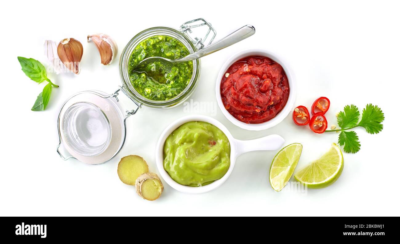 various homemade dip sauces isolated on white background, top view ...