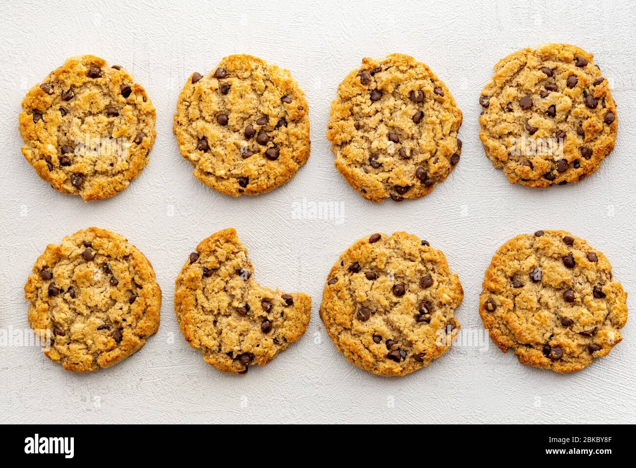 Chocolate chips crunchy cookies. Top view. Banner, grey background ...