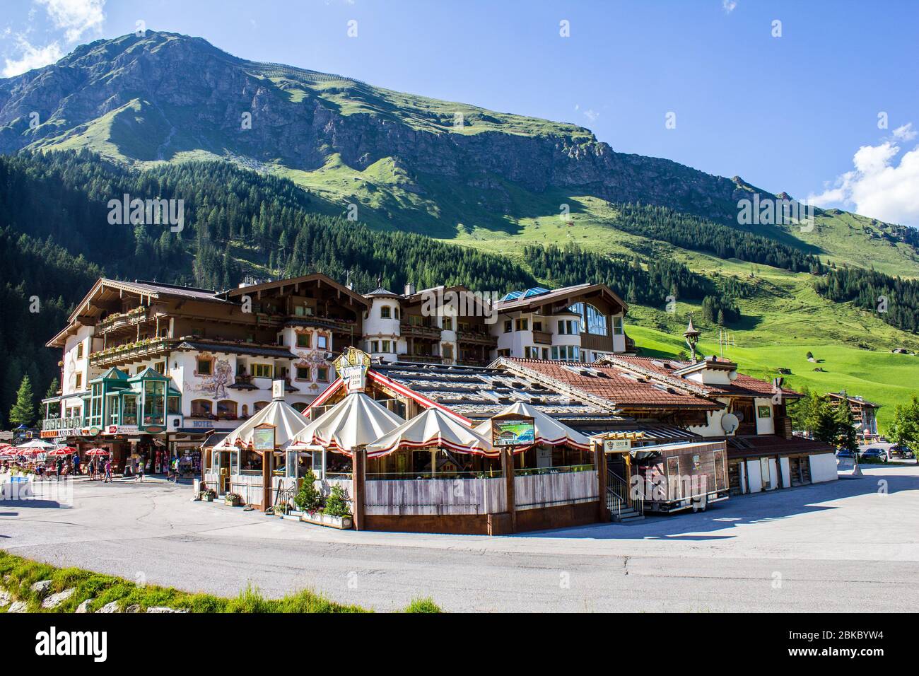 Tux, Austria - August 9, 2019: View of Neuhintertux Hotel and Hohenhaus ...